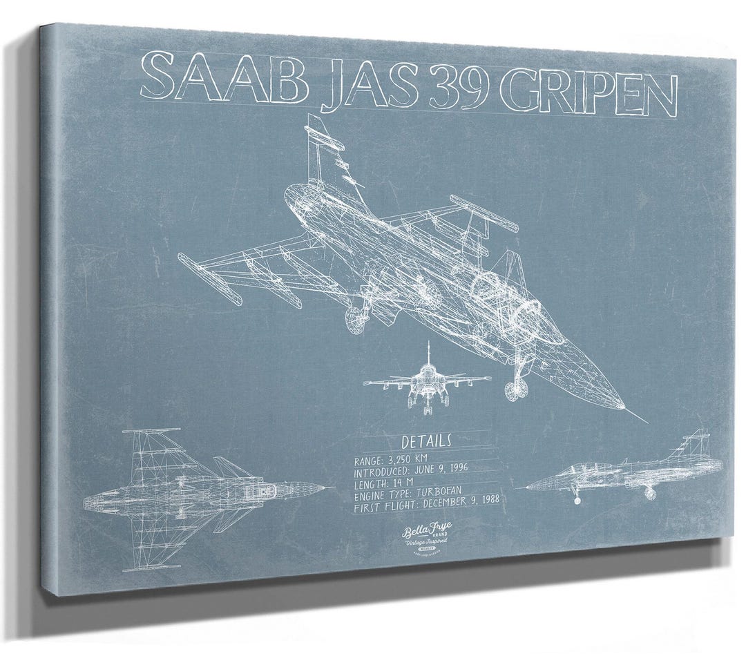 Saab JAS 39 Gripen Aircraft Blueprint Wall Art - Original Fighter Plane ...