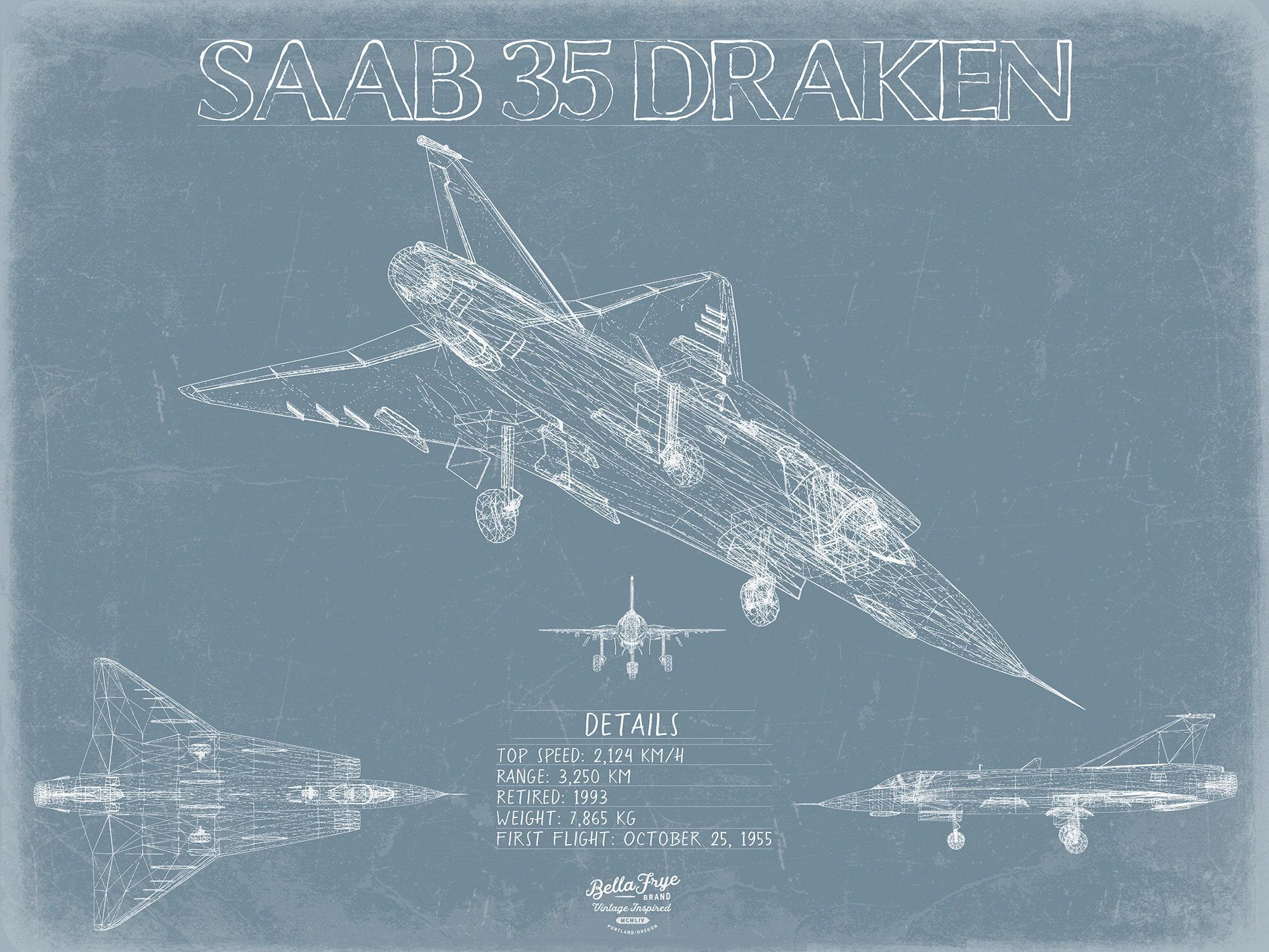 Saab 35 Draken Aircraft Blueprint Wall Art - Original Fighter Plane ...