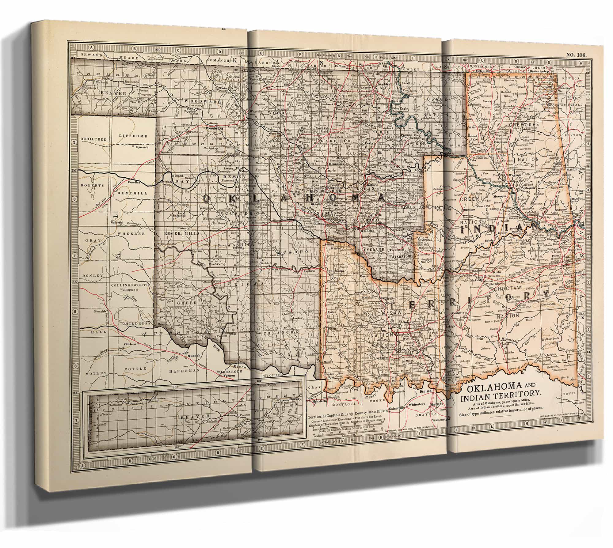Framed Oklahoma and Indian Territory Vintage Map - Ornate Embellishment ...
