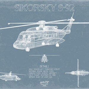 Sikorsky S-92 Helicopter Blueprint Wall Art - Original Aviation Print ...