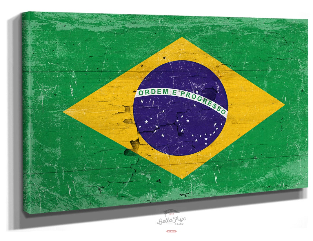 Brazil Flag Wall Art - Vintage Brazilian Flag Sign Weathered Wood Style ...