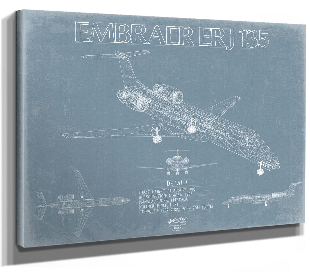 Embraer ERJ-135 Aircraft Blueprint Wall Art - Original Airplane Print ...