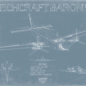Beechcraft Baron 58 Aircraft Blueprint Wall Art - Original Military ...