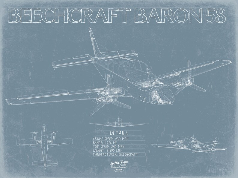 Beechcraft Baron 58 Aircraft Blueprint Wall Art Original - Etsy