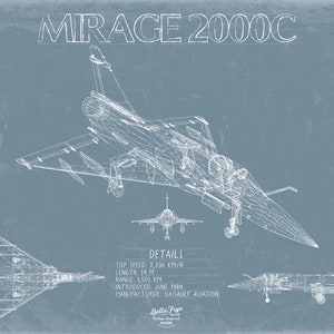 Dassault Mirage 2000C Aircraft Blueprint Wall Art - Original Fighter ...