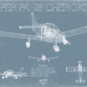 Piper PA-28 Cherokee Aircraft Blueprint Wall Art - Original Airplane ...