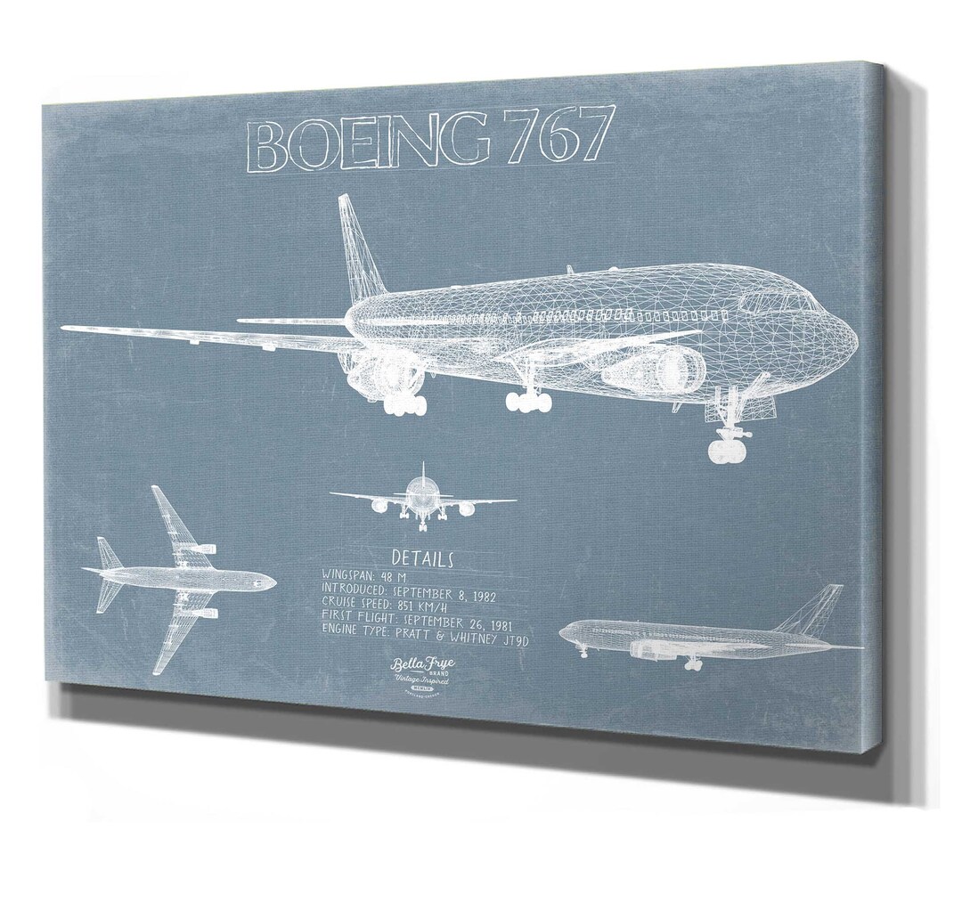 Boeing 767 Aircraft Blueprint Wall Art - Original Aviation Plane Print ...