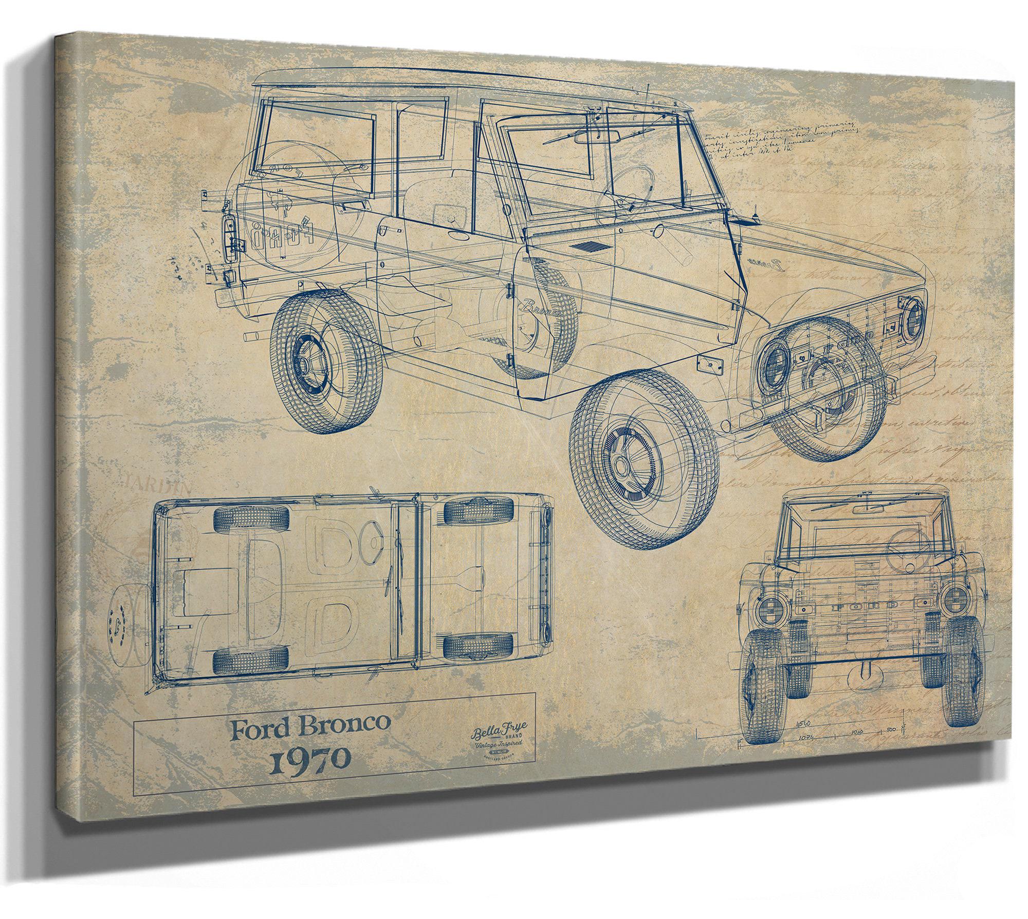 Vintage 1970 Ford Bronco Car Model Print, Original Blueprint Canvas ...