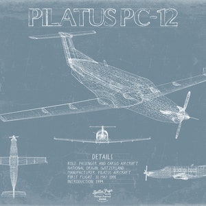 Pilatus PC-12 Aircraft Blueprint Wall Art - Original Aviation Plane ...