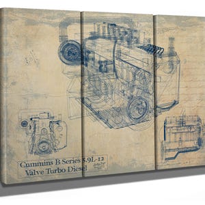 Vintage Engine Cummins 12 Valve Diesel Print, Original Blueprint Canvas ...