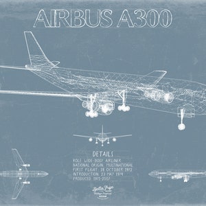 Airbus A300 Aircraft Blueprint Wall Art - Original Aviation Plane Print ...