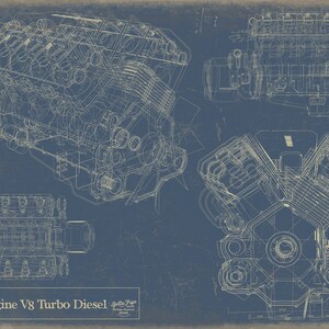 Vintage Engine V8 Turbo Diesel Print, Gifts for Him, Original Blueprint ...
