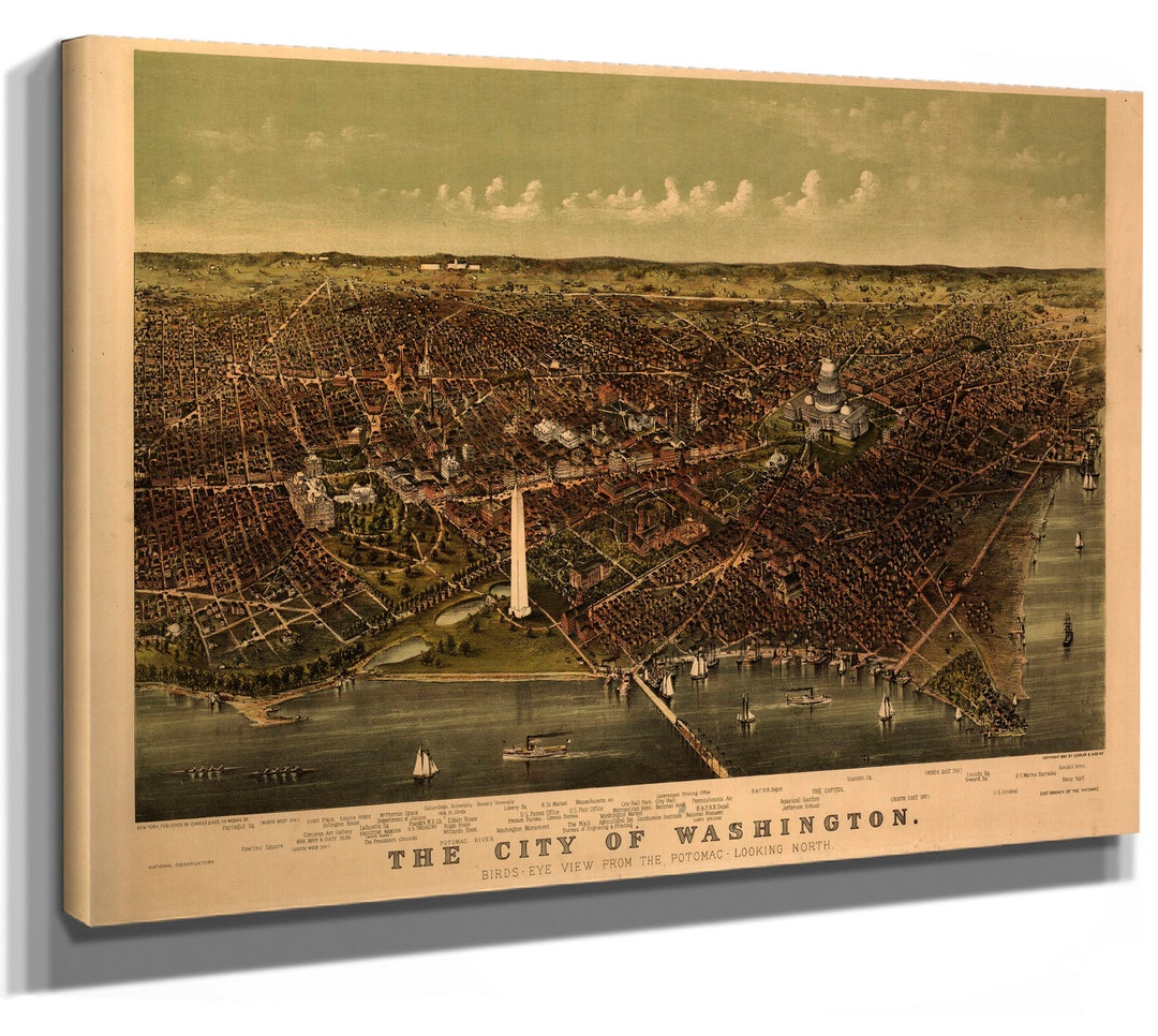 Washington DC Vintage Map Wall Art Bird's Eye View City Canvas Art - Etsy