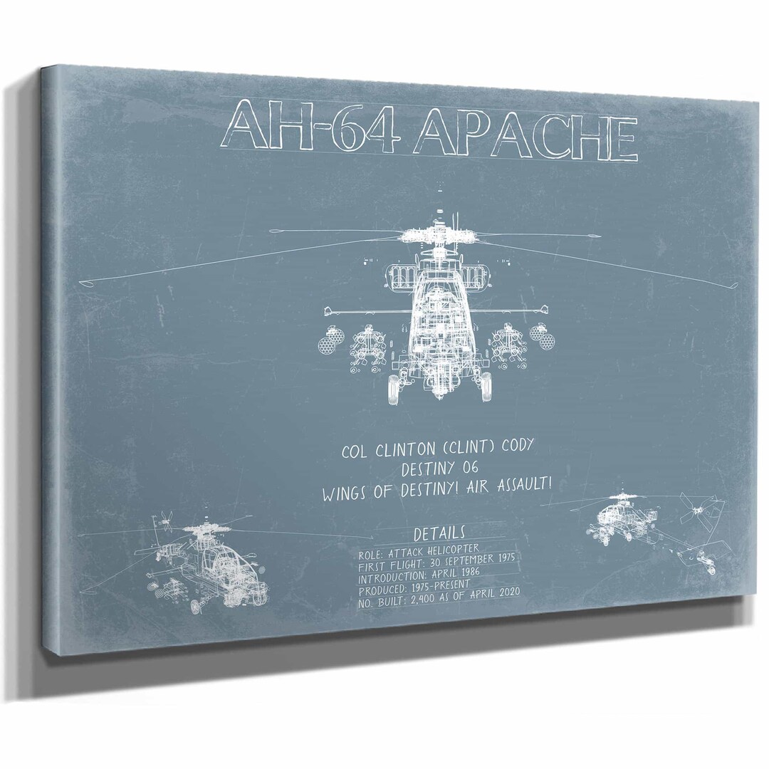 Boeing AH-64 Apache Helicopter Blueprint Wall Art - Original Aviation ...