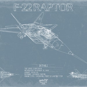 F-22 Raptor Aircraft Blueprint Wall Art - Original Fighter Plane Print ...