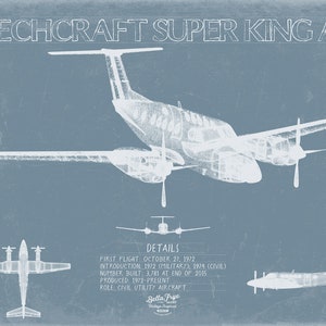 Beechcraft Super King Air 200 Aircraft Blueprint Wall Art - Original ...
