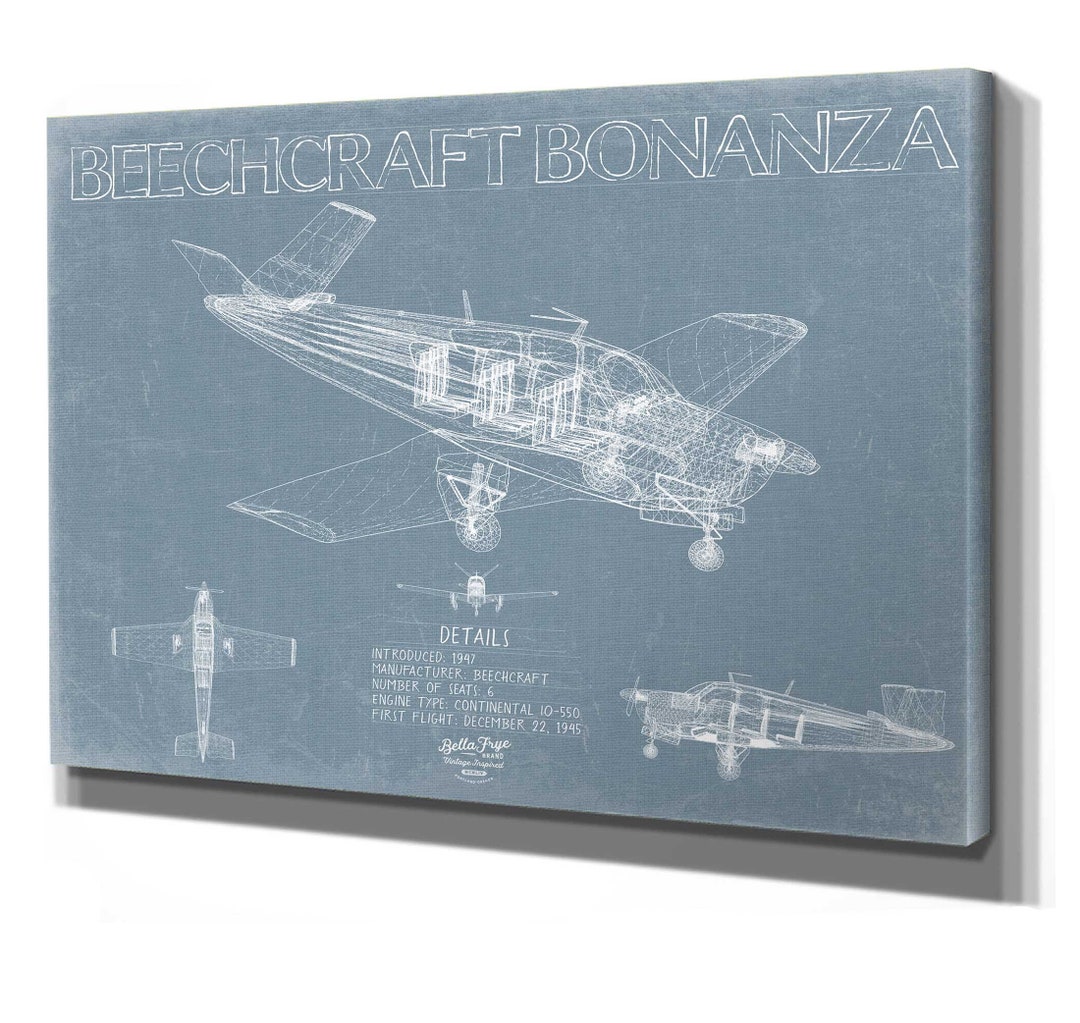 Beechcraft Bonanza Aircraft Blueprint Wall Art - Original Aviation ...