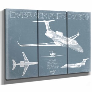 Embraer Phenom 300 Aircraft Blueprint Wall Art - Original Airplane ...