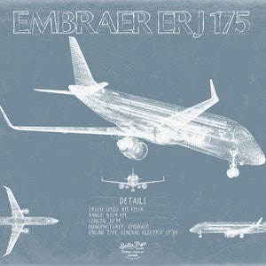 Embraer ERJ-175 Aircraft Blueprint Wall Art - Original Airplane Print ...
