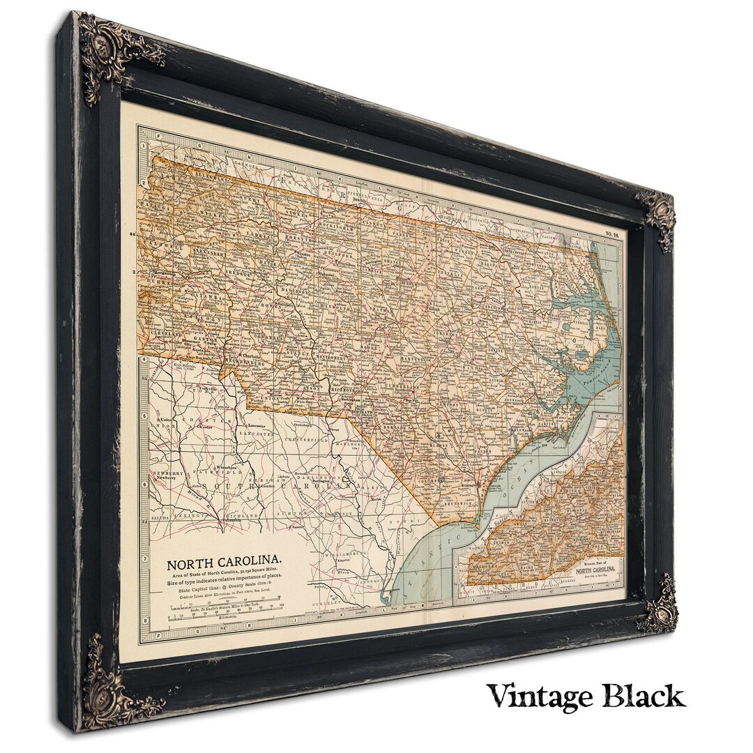 Framed North Carolina Vintage Map - Ornate Embellishment Frame With ...