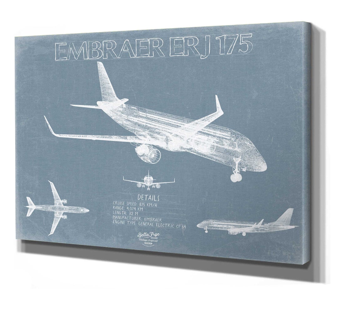 Embraer ERJ-175 Aircraft Blueprint Wall Art - Original Airplane Print ...