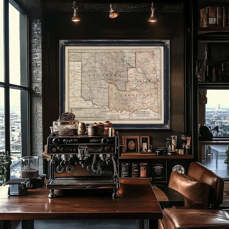 Framed Oklahoma and Indian Territory Vintage Map - Ornate Embellishment ...