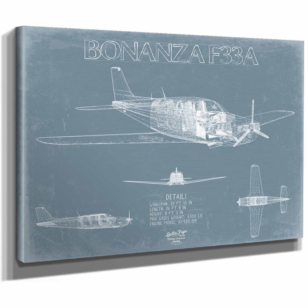 Beechcraft Bonanza F33A Aircraft Blueprint Wall Art - Original Aviation ...