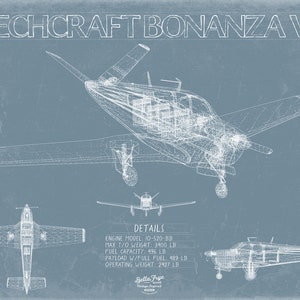 Beechcraft Bonanza V35 Aircraft Blueprint Wall Art - Original Aviation ...