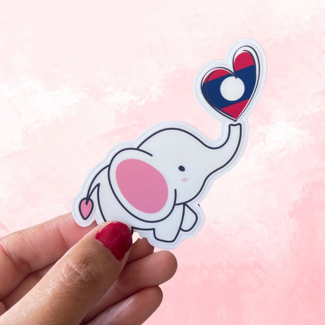 Kawaii Baby Elephant With Lao Heart Flag Matte Sticker With Easy Peel ...