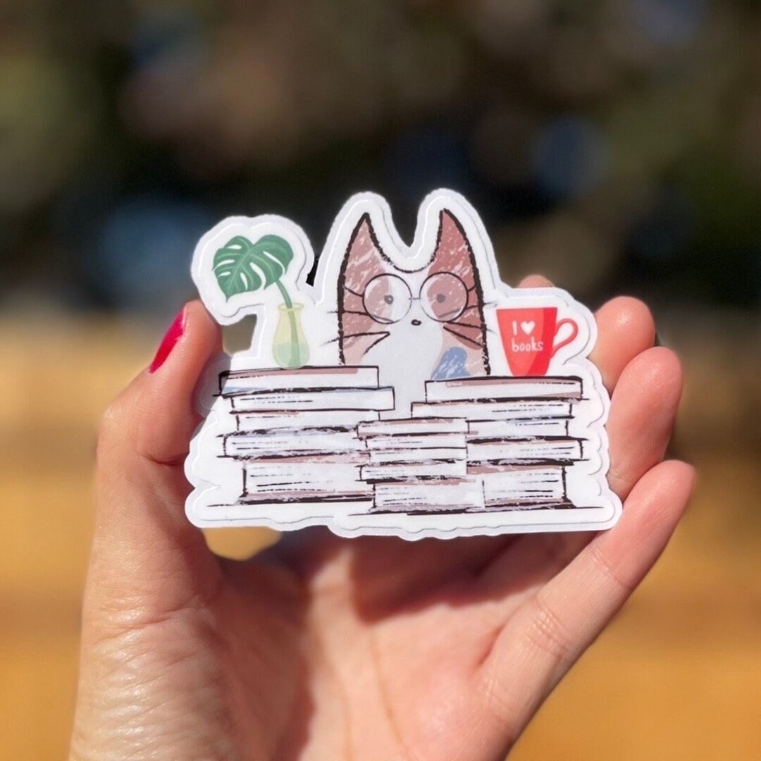Cute Cat Stack of Books Vinyl Die Cut Sticker|i Love Books|plants and ...