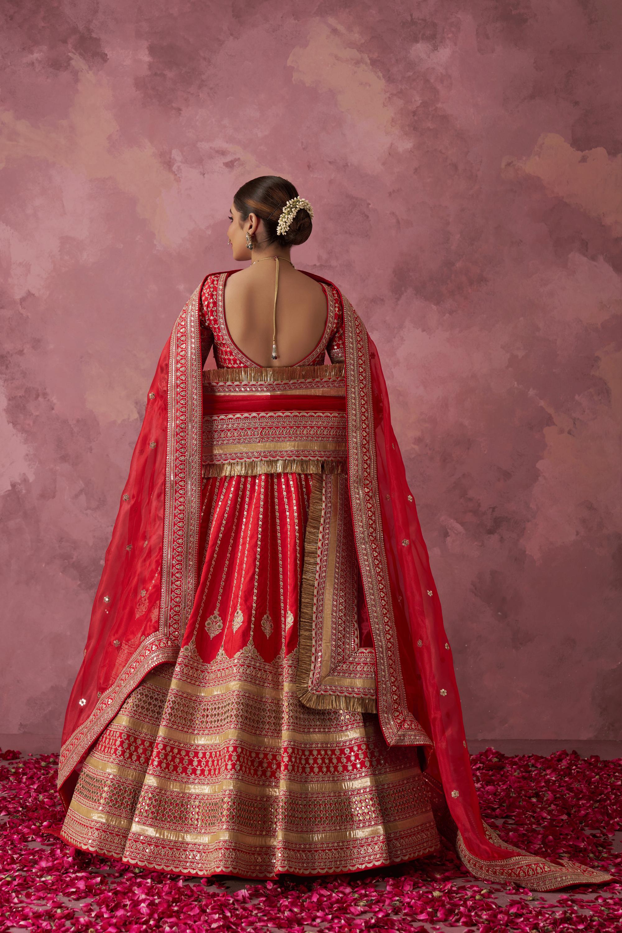 Sinduri Red Maharani Raw Silk Bridal Lehenga With Royal Zari Embroidery ...