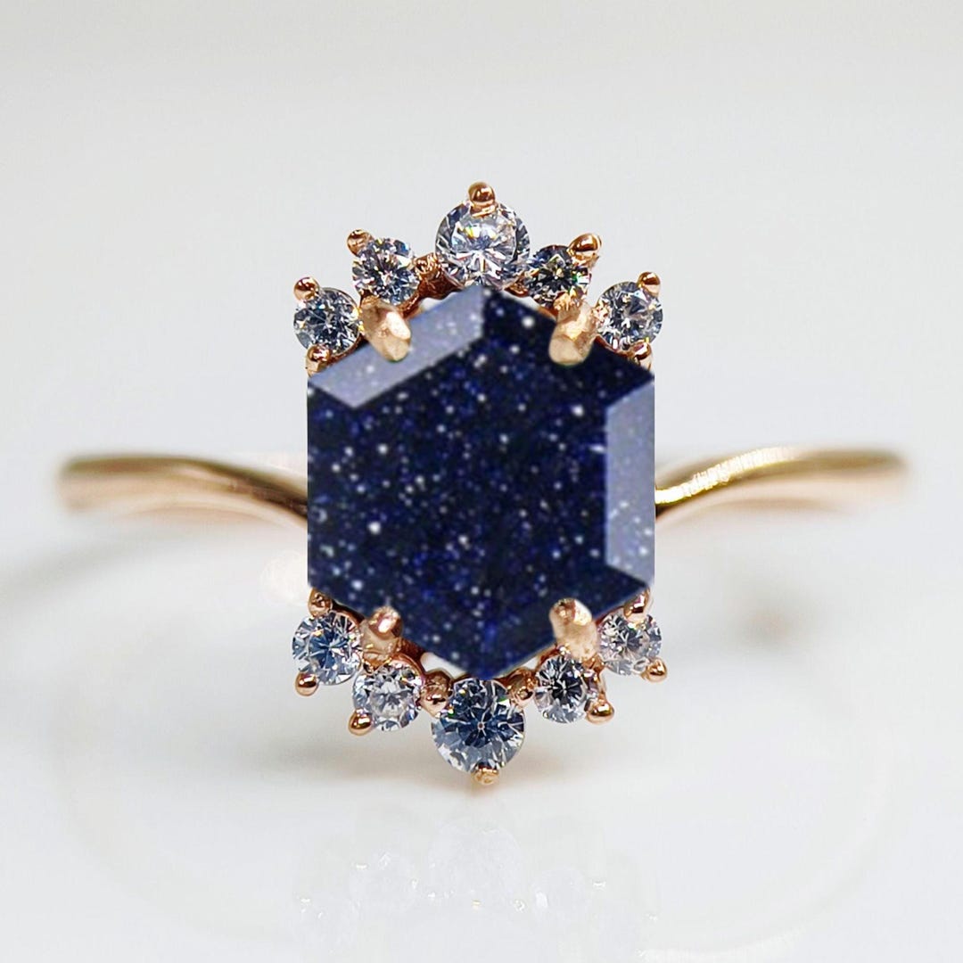 Natural Blue Sandstone Engagement Ring, Hexagon Cut Sandstone Ring,925 ...