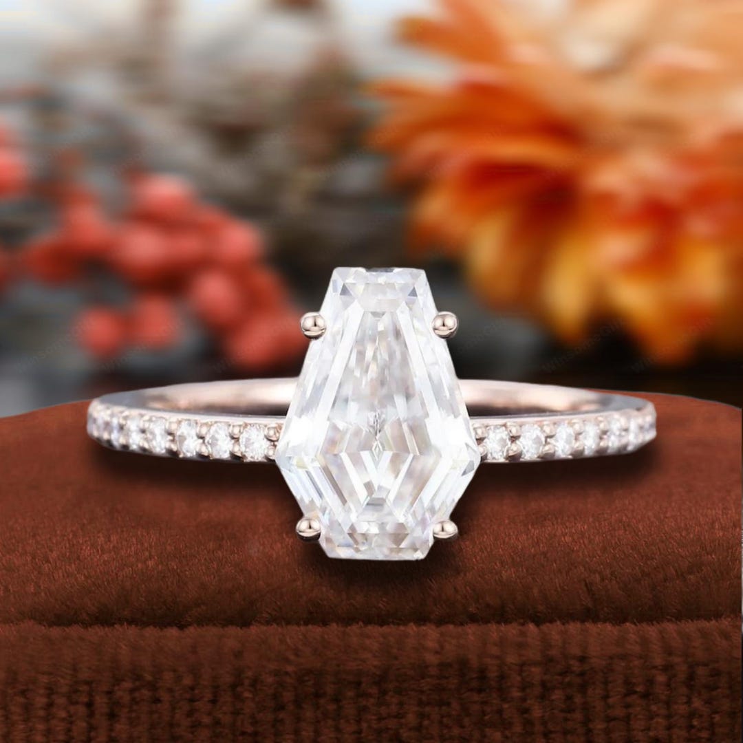 Art Deco Coffin Cut Moissanite Engagement Ring Unique Diamond Cluster ...