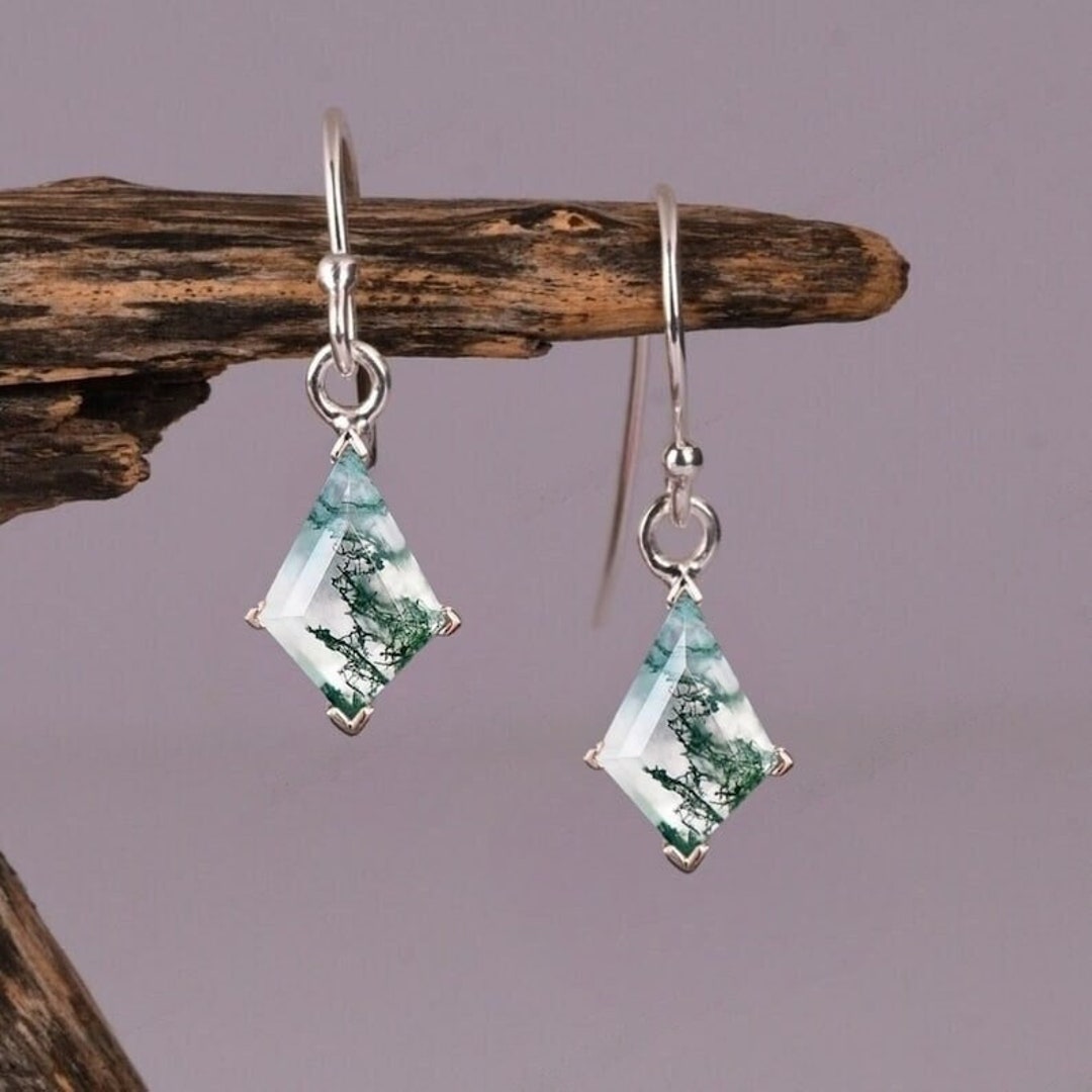 Natural Moss Agate Kite Shaped Earrings, 925 Sterling Silver, Vintage ...