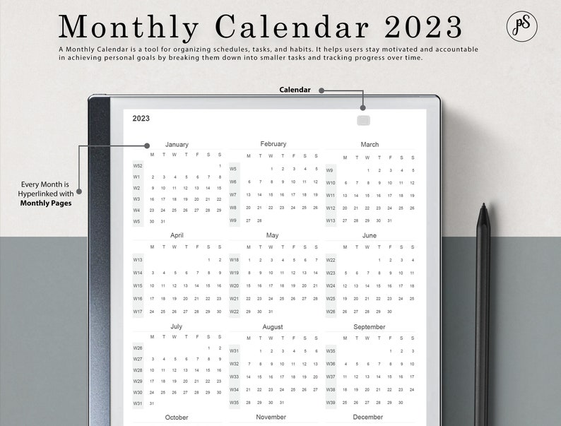 Remarkable 2 Monthly Calendar Template | Remarkable 2 Templates ...