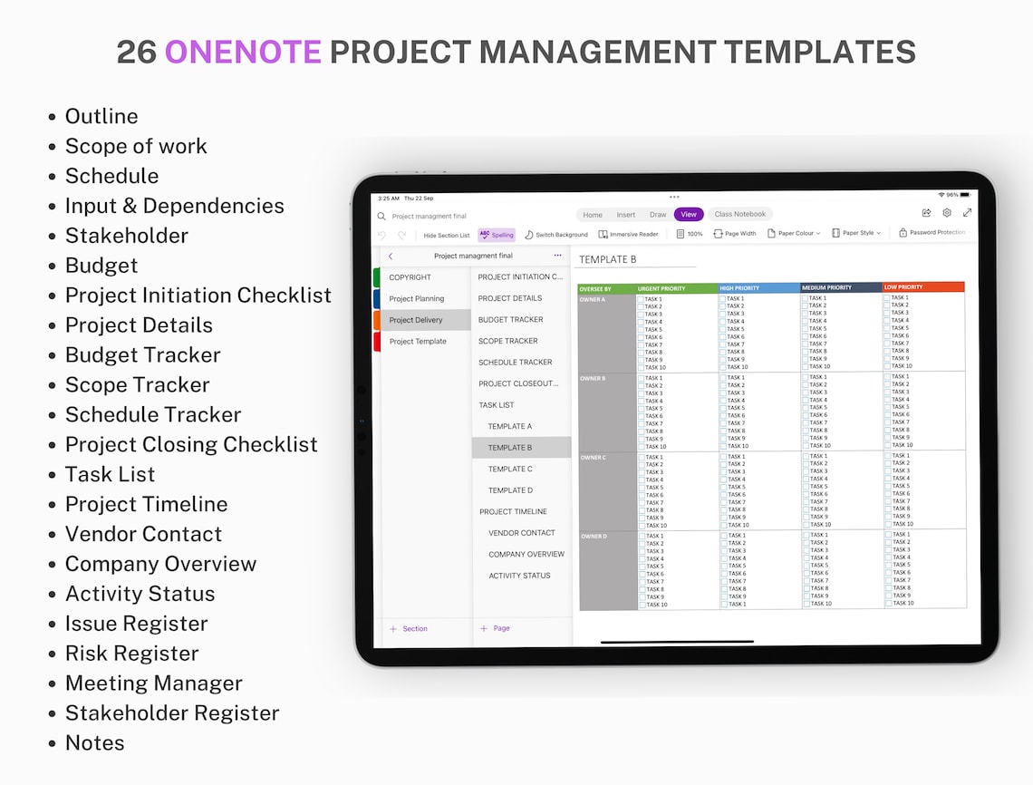 Onenote Digital Planner, Project Planner Onenote, Project Management ...