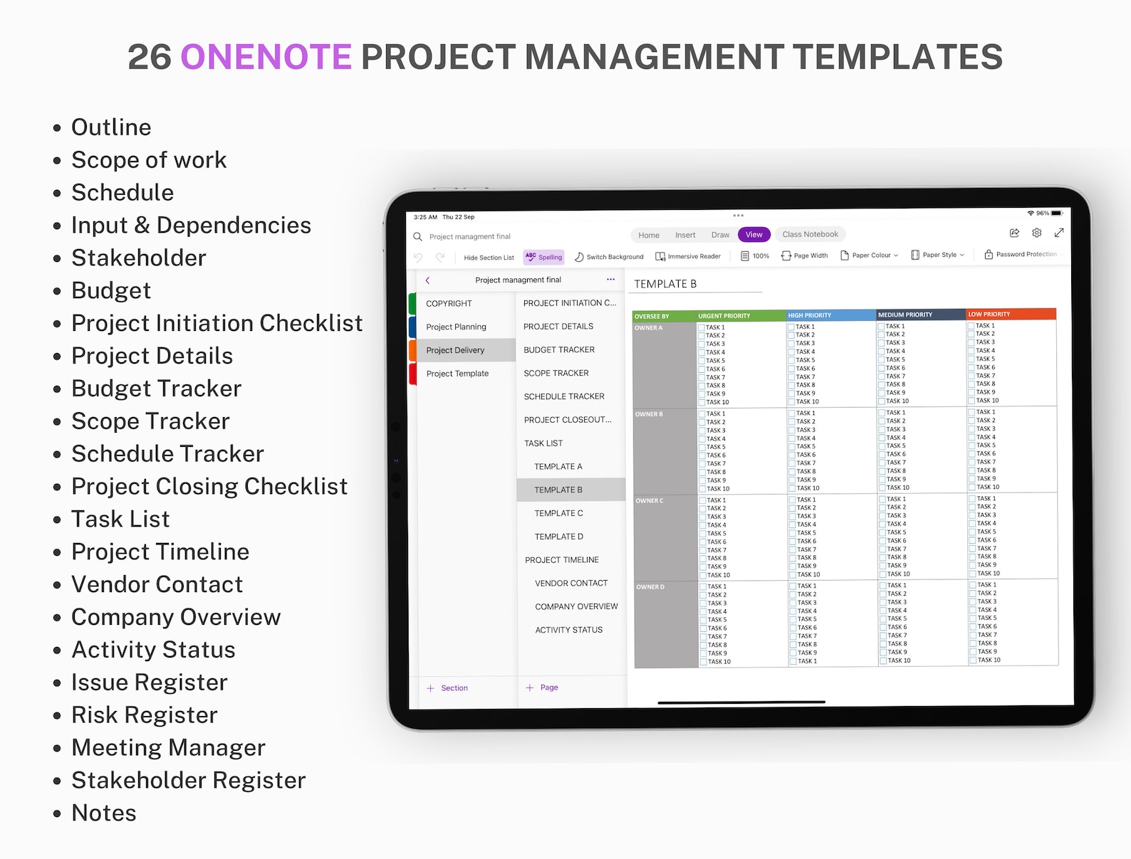 Onenote Digital Planner, Project Planner Onenote, Project Management ...