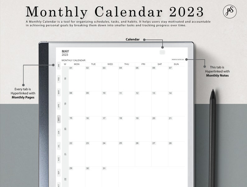 Remarkable 2 Monthly Calendar Template | Remarkable 2 Templates ...