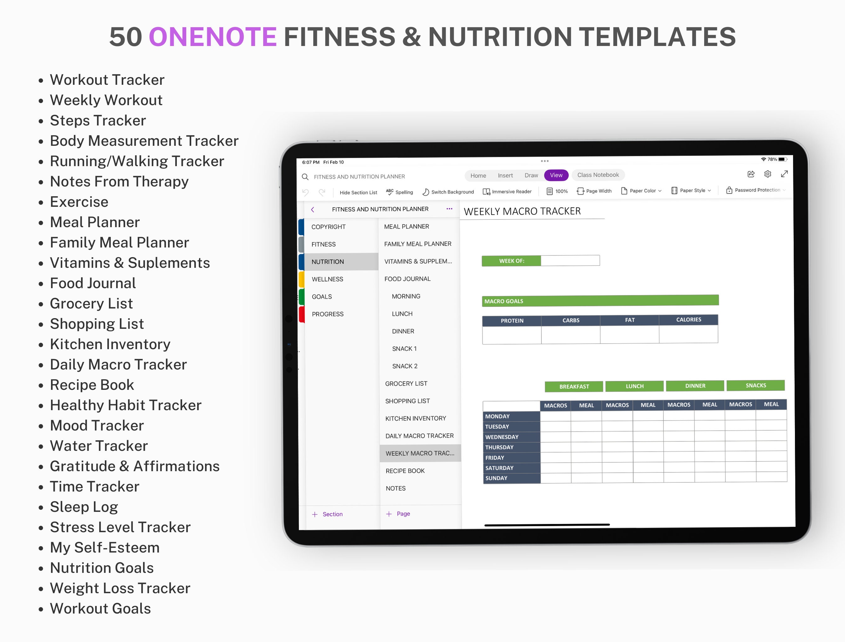 Onenote Planner, Onenote Fitness & Nutrition Planner, Onenote Digital ...
