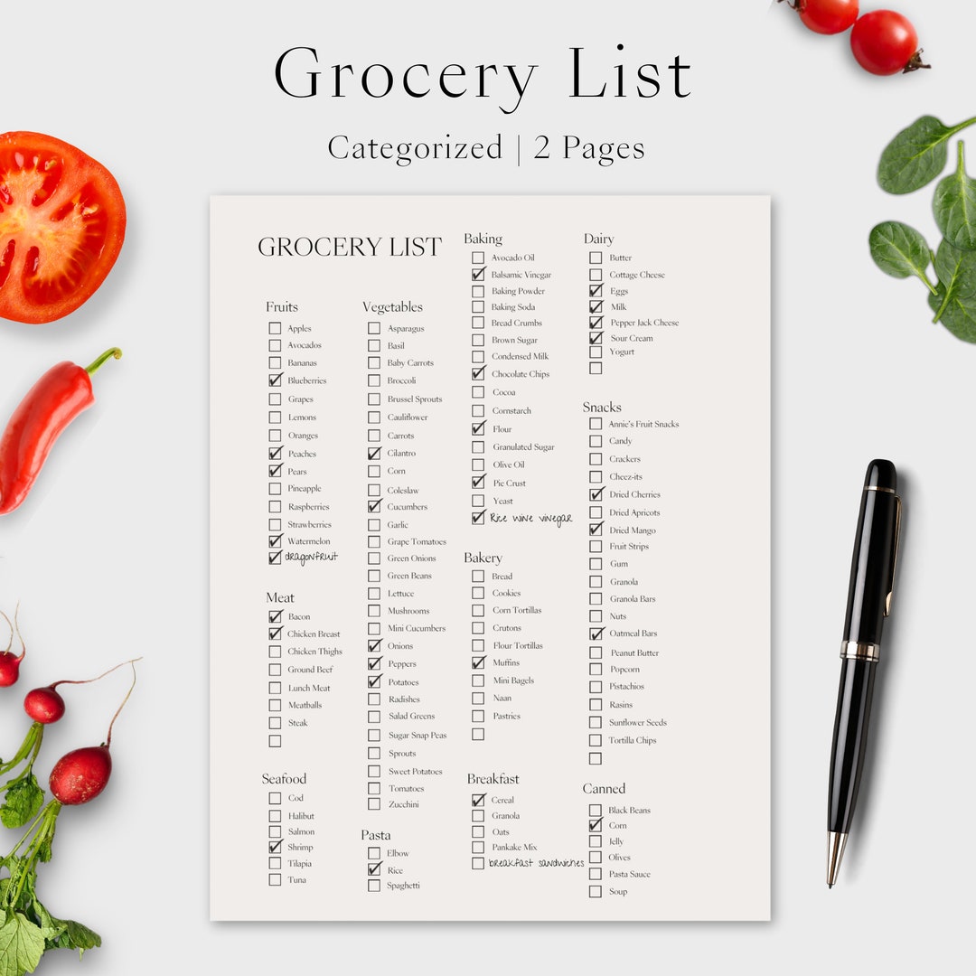 Categorized Grocery List, Digital Download Shopping List, Printable ...