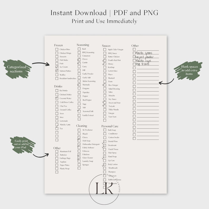 Categorized Grocery List, Digital Download Shopping List, Printable ...
