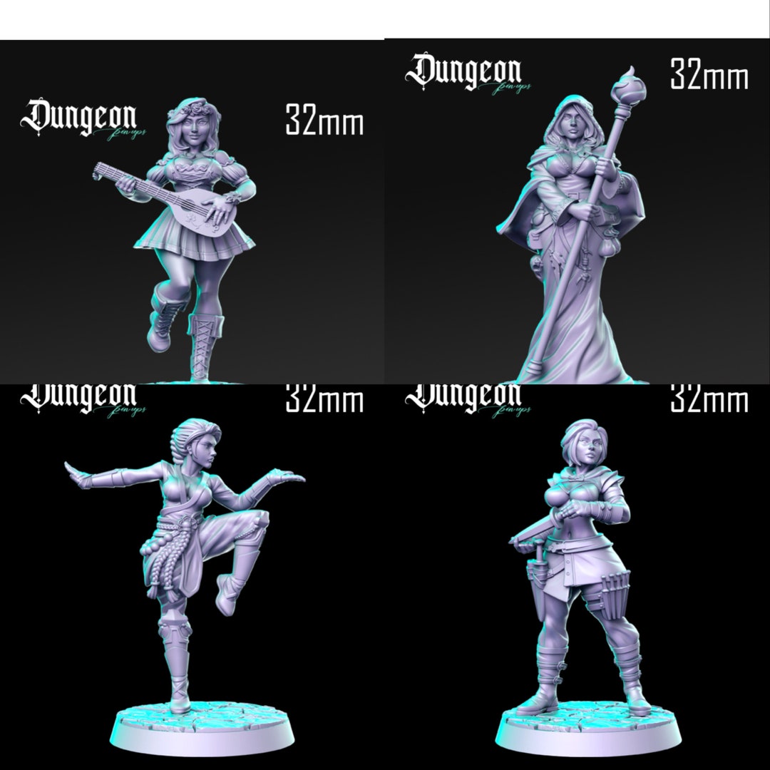 Dungeon Pin-ups Miniature Female Wizard Bard Sorcerer Rogue Paladin 3D ...