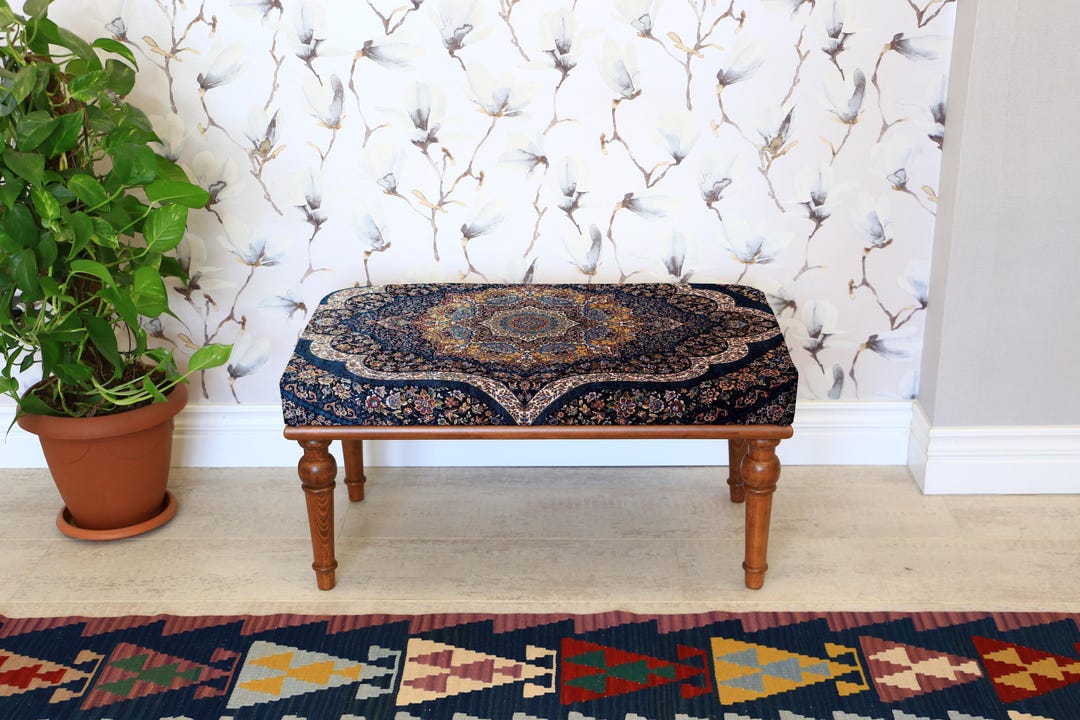 Anatolian Upholstered Bench Seat, Dark Blue Oriental Bench, Traditional ...