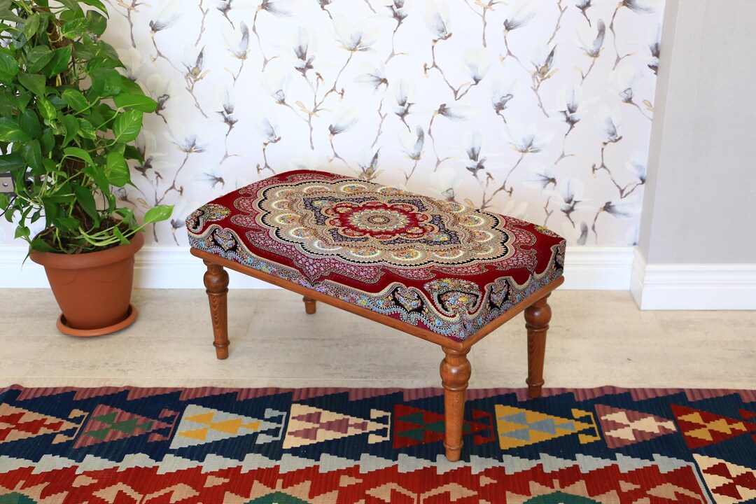Red Entryway Seating, Ottoman Bench, Handmade Rug Furniture, Rustic ...