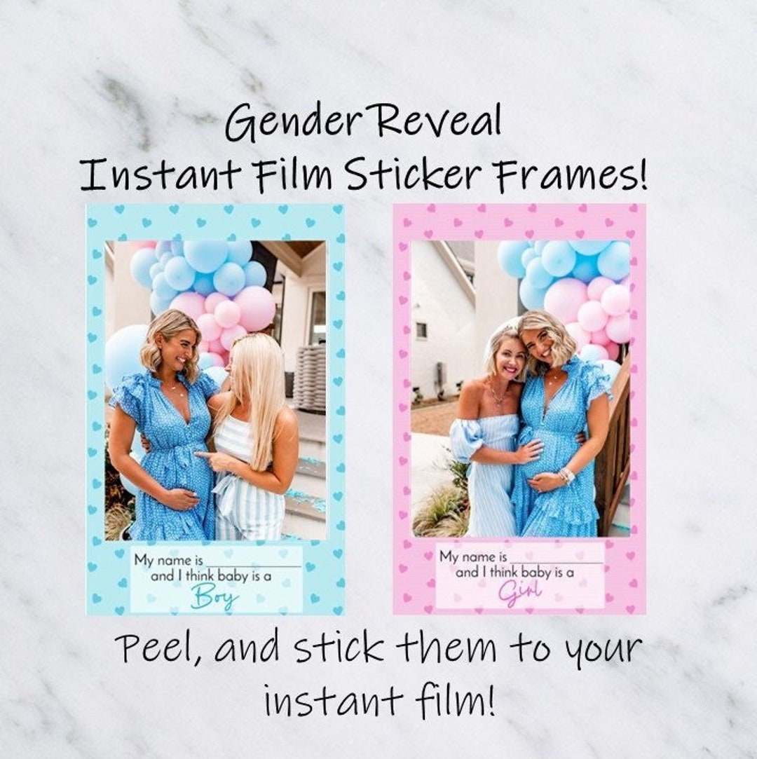 Pink and Blue Hearts Instant Film Gender Reveal Sticker Frames Pink or ...