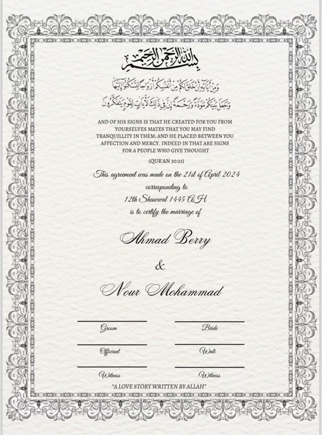 Nikkah Certificate Islamic Marriage Certificate Wedding Certificate Marriage Contract Wedding ...