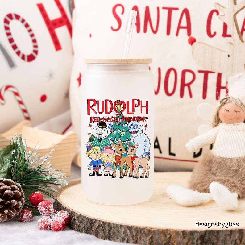 Rudolph Red Nosed Frosted Glass Cup Christmas Holiday - Etsy