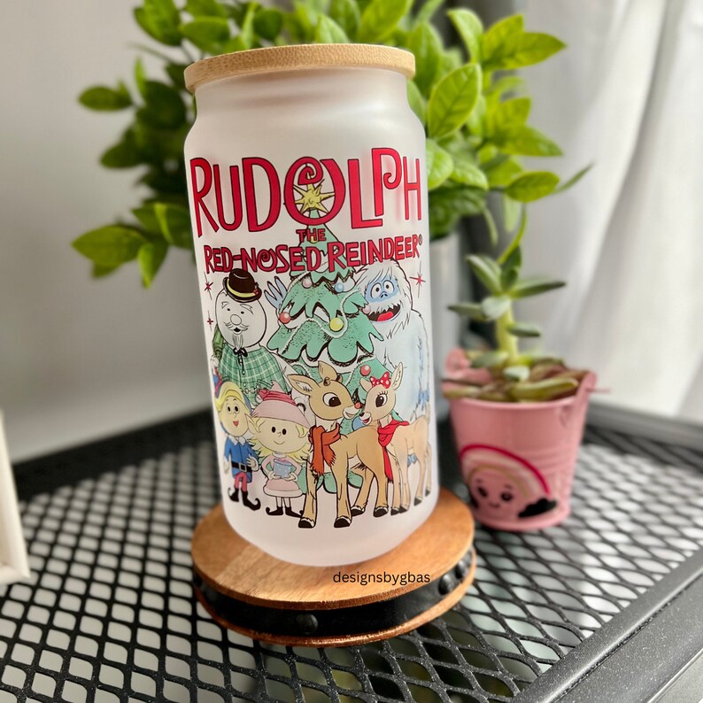 Rudolph Red Nosed Frosted Glass Cup Christmas Holiday Gift Cute ...