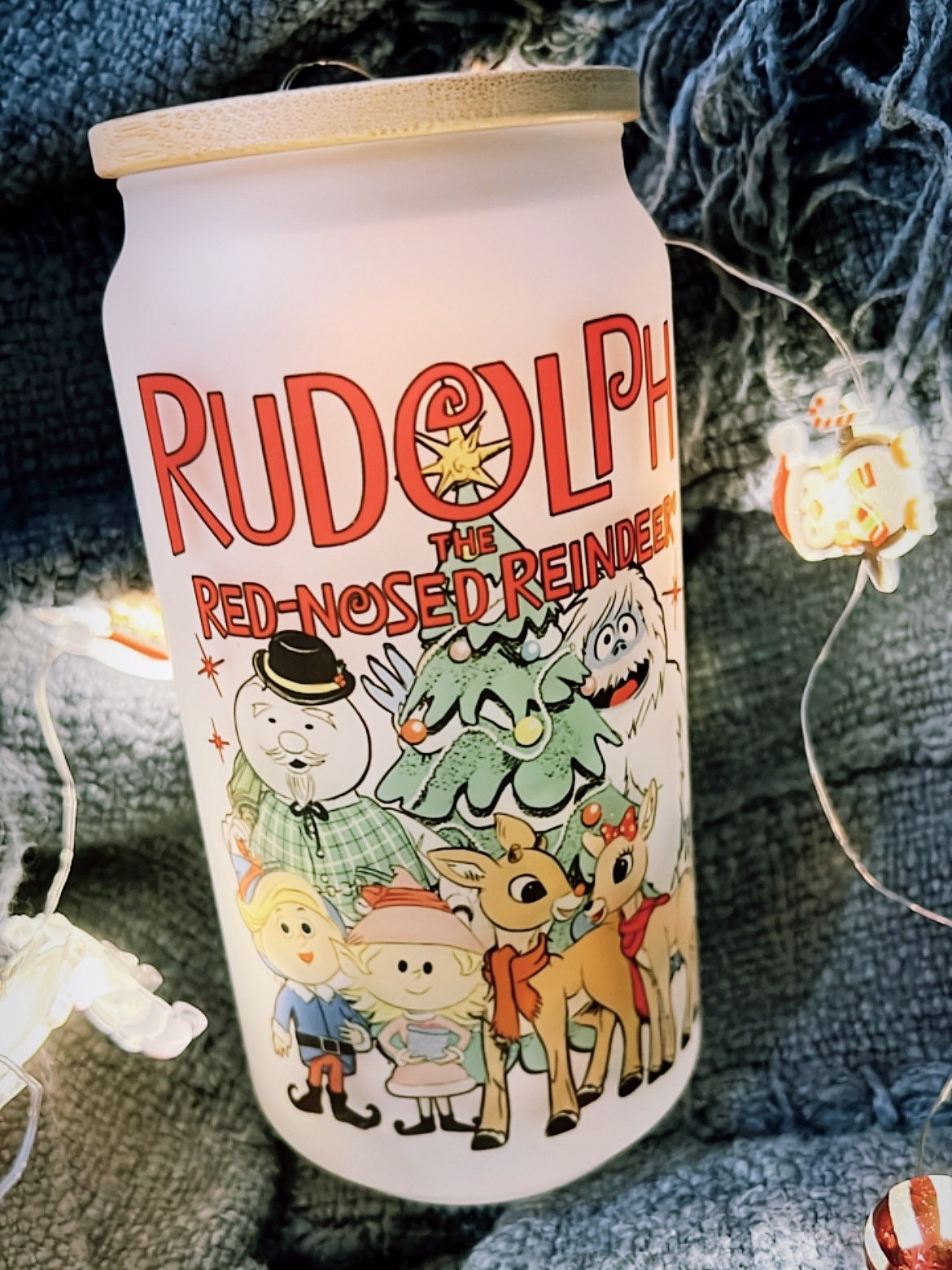 Rudolph Red Nosed Frosted Glass Cup Christmas Holiday Gift Cute ...