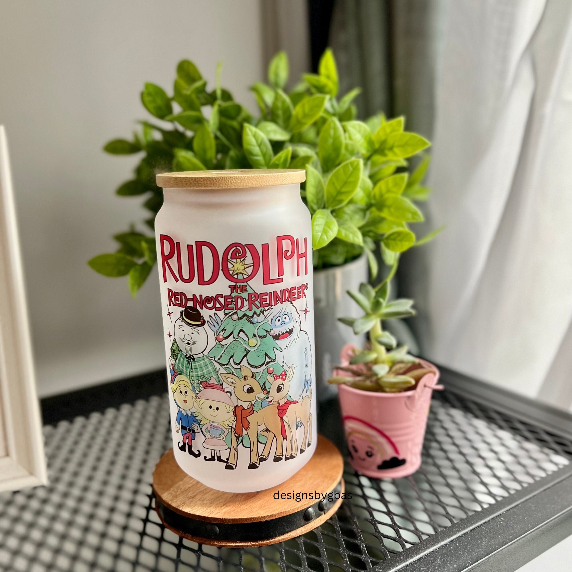 Rudolph Red Nosed Frosted Glass Cup Christmas Holiday Gift Cute ...